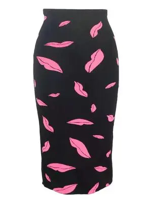 Diane Von Furstenberg Lips-printed Fitted Midi Skirt - Black
