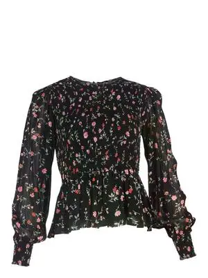GANNI Floral Printed Shirred Peplum Blouse - Black