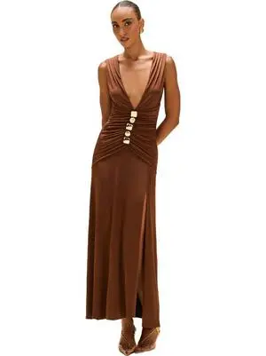 PatBO Moonlit Jersey Plunge Gown - Brown