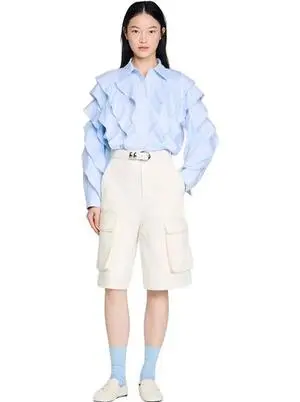 Sandro Ruffled Cotton Shirt - Blue
