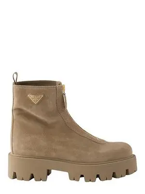 Prada Logo-plaque Suede Ankle Boots - Neutral
