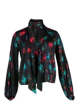 GANNI Floral-print Neck-tie Blouse - Black