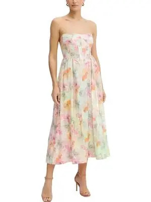 Bardot Floral-pattern Strapless Midi Dress - Neutrals