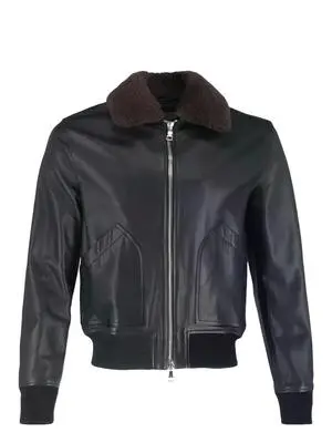 Mr P. Shear-trim Zipped Leather Bomber Jacket - Black