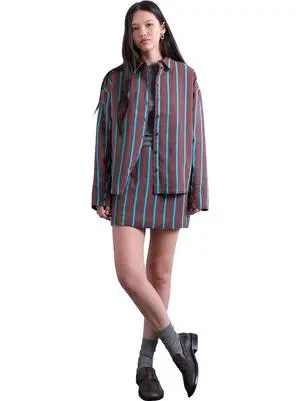 Topshop Oversize Stripe Quilted Shirt - Brown Multi