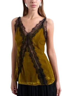 Topshop Velvet And Lace Camisole - Olive