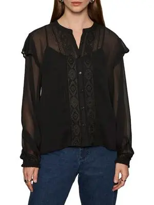 Sanctuary Nostalgia Ruffle Embroidered Top - Black