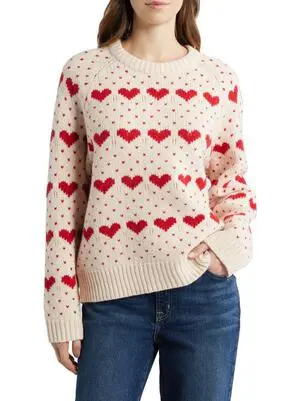 The Great. Intarsia Heart Wool Blend Sweater - Pearl W/red