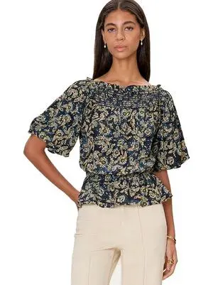 Rebecca Taylor Charlene Smocked Top - Navy Multi
