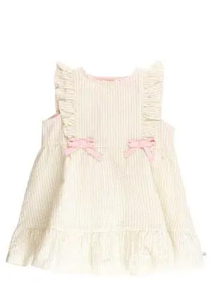 RUFFLEBUTTS Sleeveless Pinafore Bow Dress - Banana Signature Seersucker