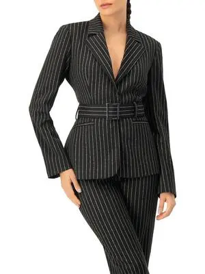 IVONNE Striped Blazer With Belt - Black