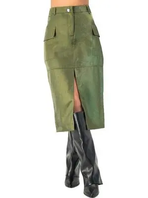 IVONNE Midi Skirt With Slit And Front Pockets - Olive Green