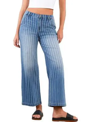 HINT OF BLU Stripe High-rise Wide-leg Jeans - Stone Blue Stripes