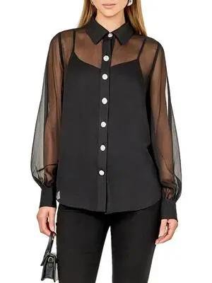 Endless Rose Volume Sleeve Sheer Button-down Shirt - Black