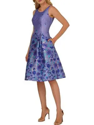 Adrianna Papell Floral Jacquard Fit & Flare Dress - Blue Multi