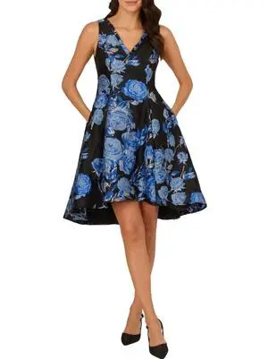 Adrianna Papell Floral Jacquard Fit & Flare Dress - Blue/black Multi