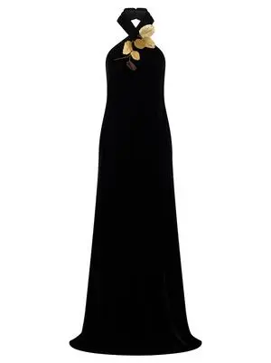 Oscar De La Renta Embellished Velvet Halterneck Gown - Black