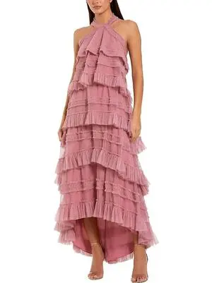 Mac Duggal Dot Mesh Ruffle Halter Neck Ankle Dress - Rose