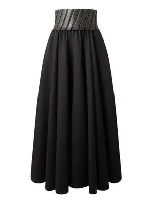 Alaïa Leather-trimmed Wool-gabardine Midi Skirt - Black
