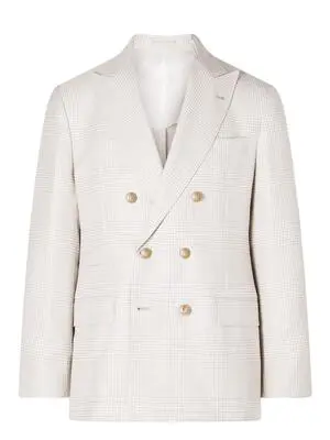 Brunello Cucinelli Double-breasted Prince Of Wales Checked Wool-blend Blazer - Neutrals