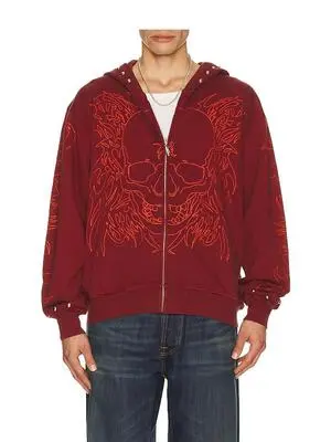 REVENGE Tribal Skull Studded Zip Hoodie - Red