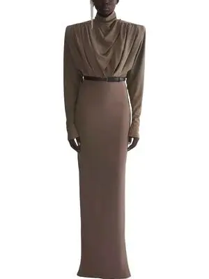 MUGLER Mugler Draped Long Sleeve Maxi Dress Brown