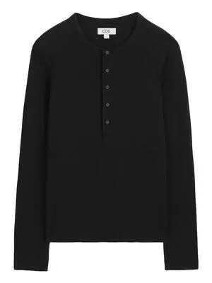 Cos Slim Ribbed Long Sleeve Henley T-shirt - Black