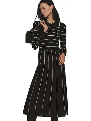 SIEMPRE Collared Long-sleeve A-line Midi Dress - Black & White Stripe