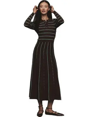 SIEMPRE Collared Long-sleeve A-line Midi Dress - Brown & Turq Stripe