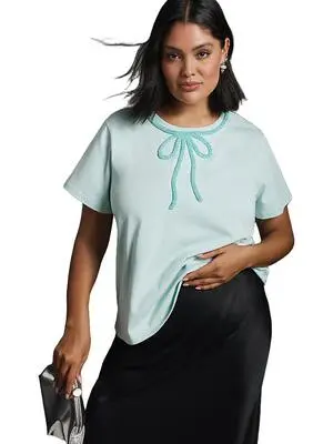 English Factory Beaded Bow Cotton T-shirt Top - Mint