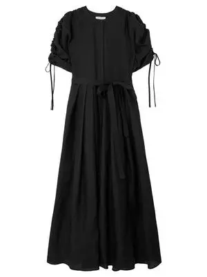 Gabriela Hearst Linnea Belted Ruched Pleated Linen Midi Shirt Dress - Black