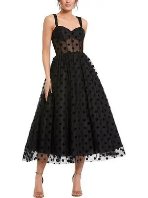 Mac Duggal Polka Dot Net Bustier A-line Midi Dress - Black