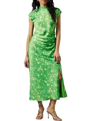 WAREHOUSE Crinkle Satin Button Side Midi Dress - Floral