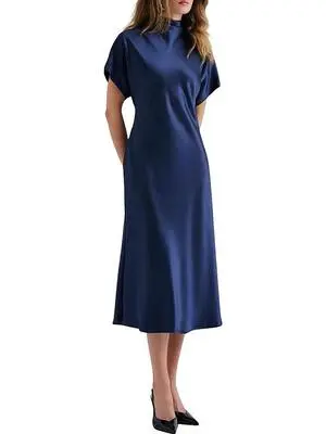 MALINA Alivia Short Sleeve Satin Midi Dress - Dark Blue