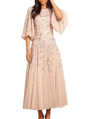 NEEDLE & THREAD Sylvia Round Neck Ankle Gown - Oyster/multi