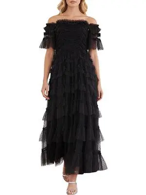 NEEDLE & THREAD Aviana Off-shoulder Gown - Graphite
