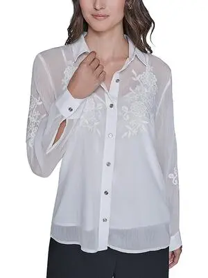 Karl Lagerfeld Paris Long Sleeve Embroidered Floral Blouse - Soft White