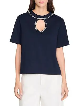 Sandro Rhinestone Open Work Tee - Navy Blue