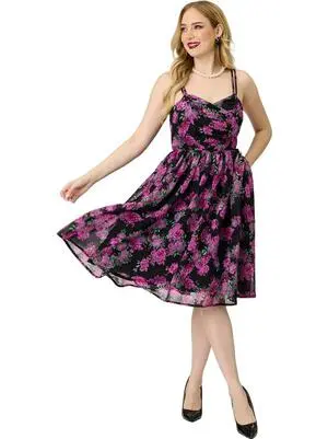 Unique Vintage Sleeveless Swing Dress - Black & Purple Floral