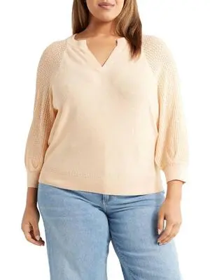 Wit & Wisdom Wit & Wisdom Mixed Stitch Split Neck Sweater Peach Fuzz