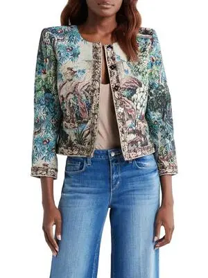 L'Agence L'AGENCE Lian Collarless Cropped Cotton Blend Jacket Multi Tapestry Print