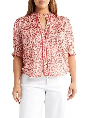 Wit & Wisdom Ruffle Lace Floral Print Top - Off White/ Poppy Red Multi