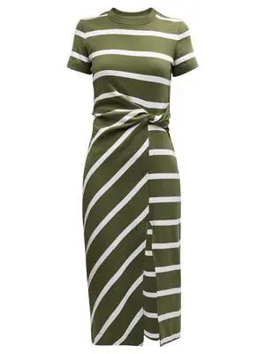 Tanya Taylor Cody Twisted-Waist Striped Midi Dress Armycream