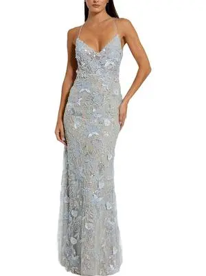 Mac Duggal Floral Embroidered Open Back Gown - Powder Blue
