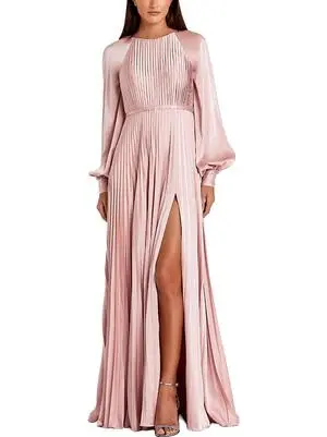 Mac Duggal Pleated High Neck Raglan Long Sleeve Gown - Blush