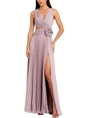 Mac Duggal Ruched Chiffon Gown With 3d Flower - Vintage Lilac
