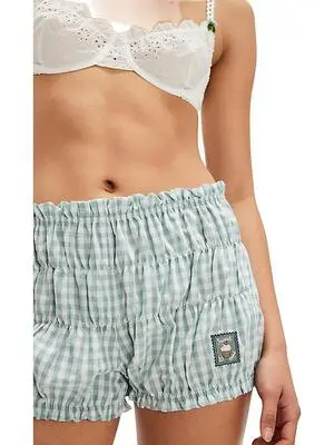 Free People Gingham Print Ruched Bloomers Misty Green Combo