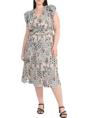 Maggy London Floral Flutter Sleeve Midi Dress - Black/ Ivory