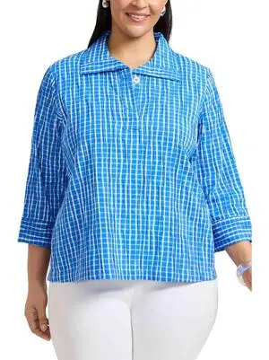 Foxcroft Foxcroft Sammy Crinkled Cotton-Blend Top Mineral Blue/ White
