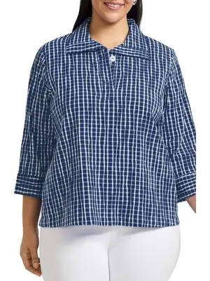 Foxcroft Foxcroft Sammy Crinkled Cotton-Blend Top Navy/white